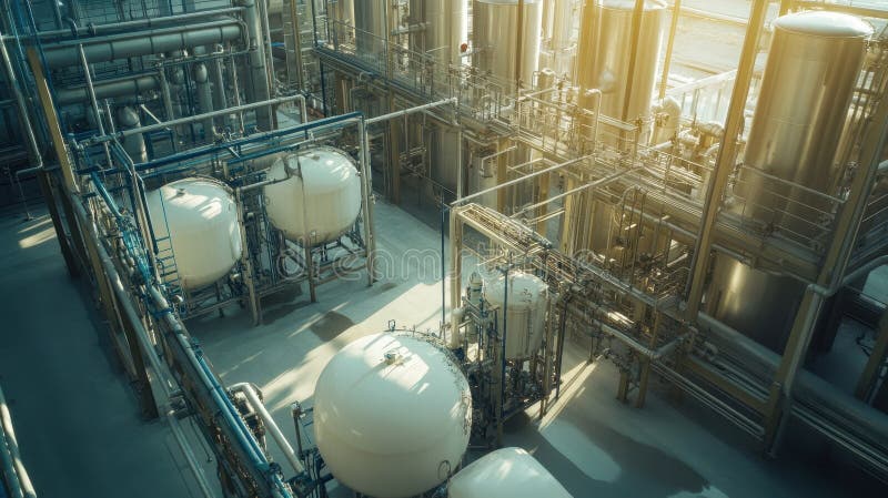 Aerial View of an Industrial Facility with Large Tanks and Complex ...