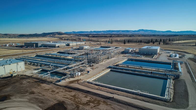 Aerial View of an Industrial Facility with Large Water Treatment Tanks ...