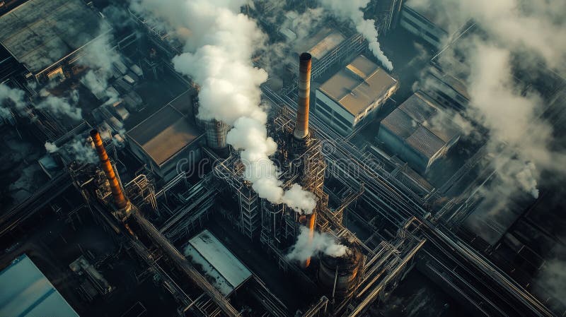 Aerial View of an Industrial Facility with Multiple Chimneys Emitting ...