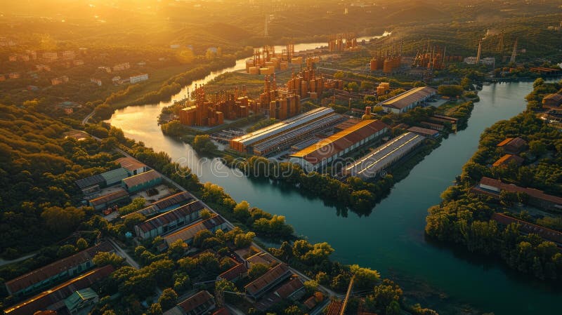 Aerial View of Industrial Landscape with River - Generative Ai Stock ...