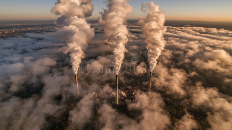 Aerial View of Industrial Landscape with Smoke Stacks and Dense Clouds ...