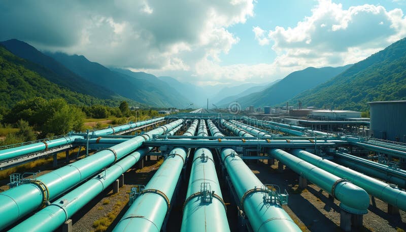 Aerial View of Industrial Pipeline Network at Modern Facility Against Green Mountain Landscape ...