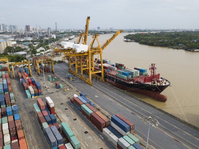 Aerial View of Industrial Port with Containers Ship Stock Image - Image ...