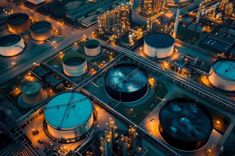 Aerial View of Industrial Refinery at Night: Large Storage Tanks and ...