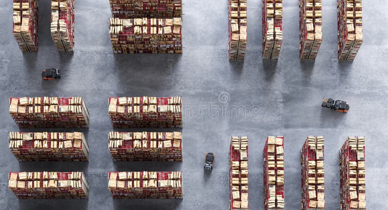 Aerial View of Industrial Warehouse with Forklifts and Pallets Stock ...