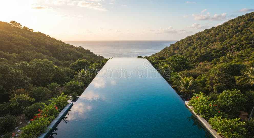 Aerial View of an Infinity Pool Overlooking the Ocean at Sunset Stock ...