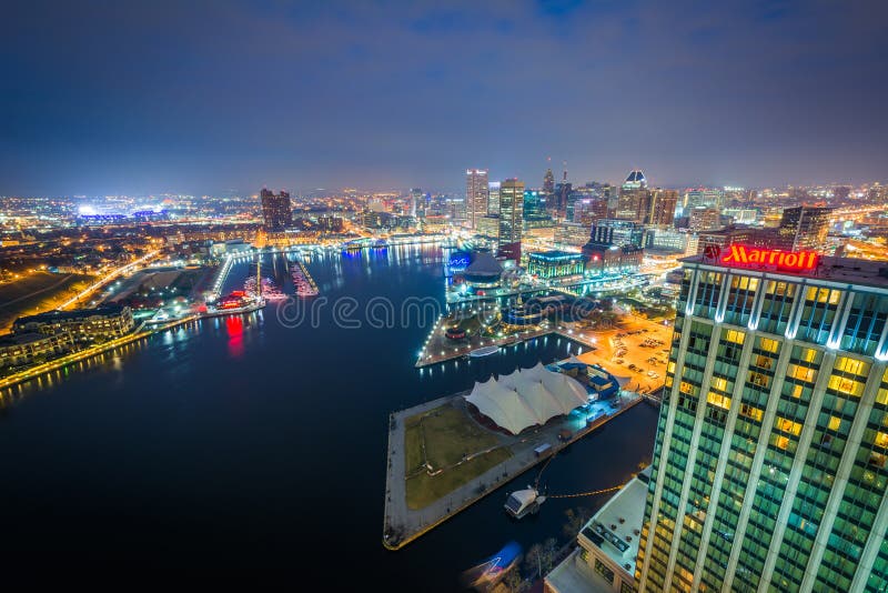 Aerial View of the Inner Harbor at Night, in Baltimore, Maryland ...