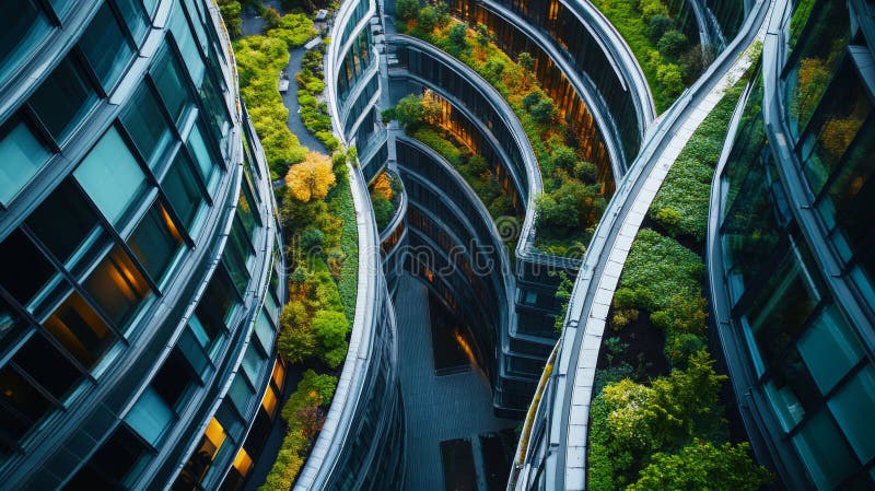 Aerial View of Innovative Architecture Featuring Twisting Glass ...