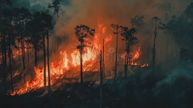 Aerial View of Intense Wildfire Consuming Forest at Night Stock Image ...