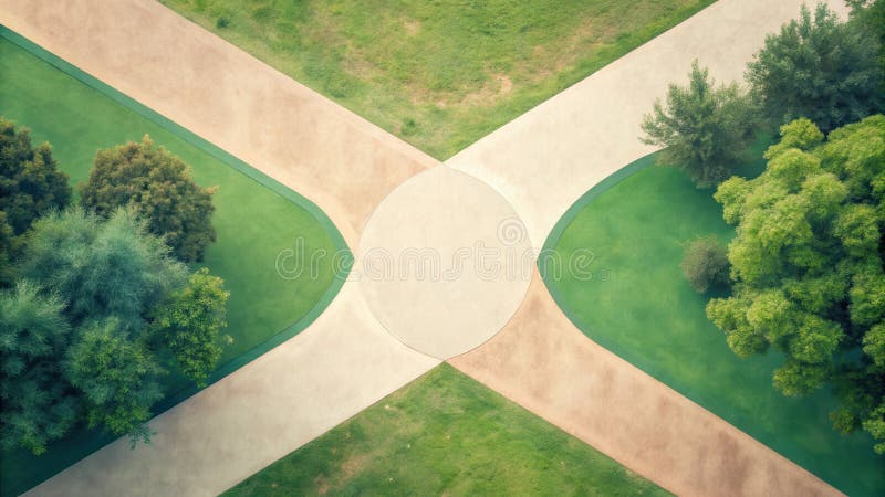 Aerial View of Intersecting Pathways and Lush Green Lawns in a Park ...