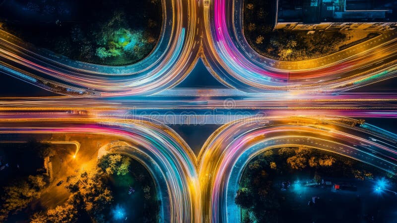 Aerial View of an Intersection Illuminated by Neon Lights at Night ...