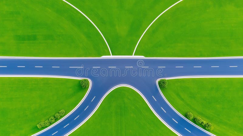 Aerial View of an Intersection Road with Manicured Green Grass and ...