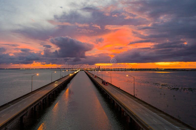 Aerial View of Interstate 10 Bridge on Mobile Bay, Alabama at Sunset in ...