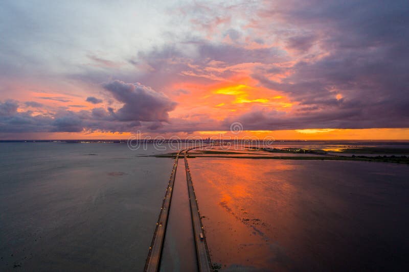Aerial View of Interstate 10 Bridge on Mobile Bay, Alabama at Sunset in ...