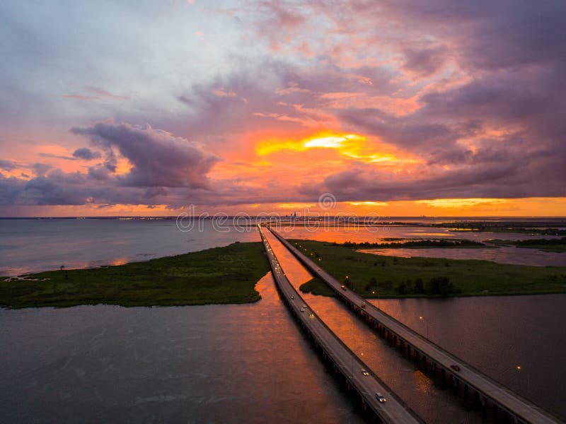 Aerial View of Interstate 10 Bridge on Mobile Bay, Alabama at Sunset in ...