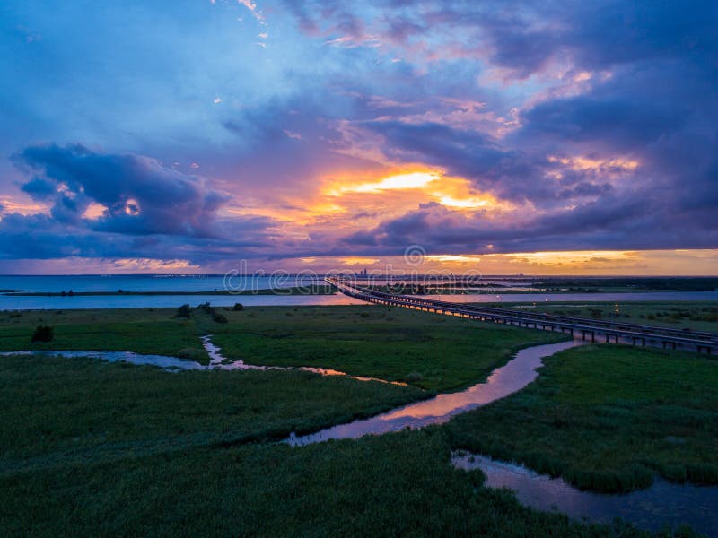 Aerial View of Interstate 10 Bridge on Mobile Bay, Alabama at Sunset in ...
