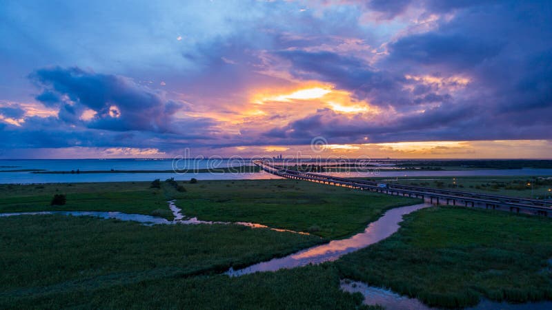 Aerial View of Interstate 10 Bridge on Mobile Bay, Alabama at Sunset in ...