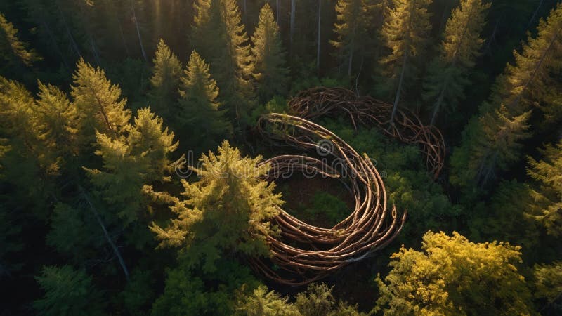 Aerial View of Circular Log Arrangement in a Pine Forest at Sunset ...