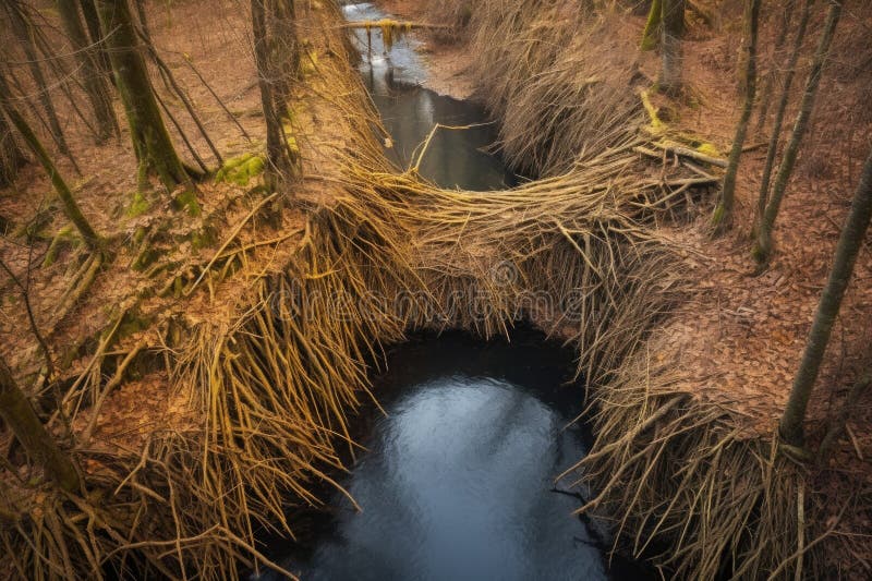Aerial View of Intricate Beaver Dam in a Forest Stream Stock ...