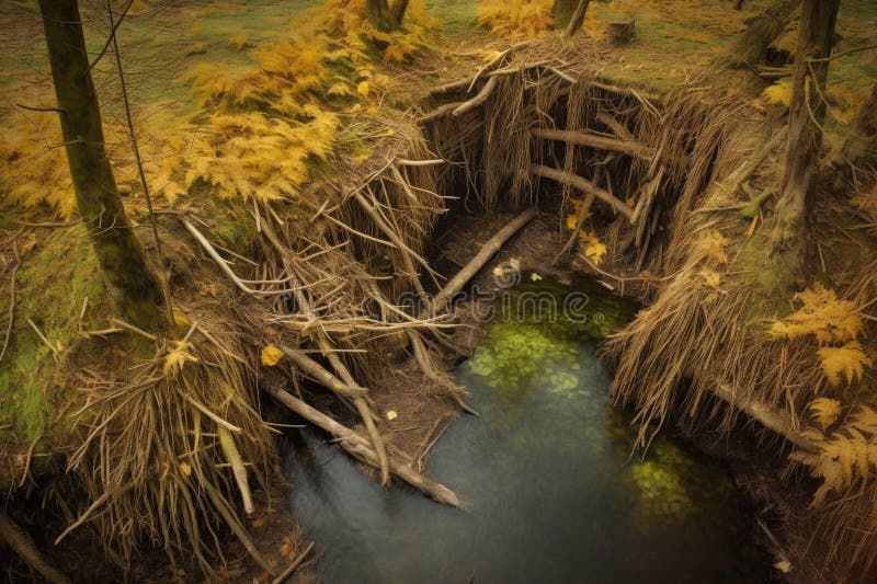 Aerial View of Intricate Beaver Dam in a Forest Stream Stock ...