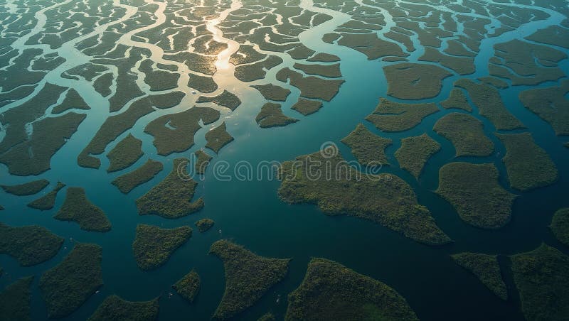 Aerial View of Intricate River Delta Branching into Ocean Stock ...