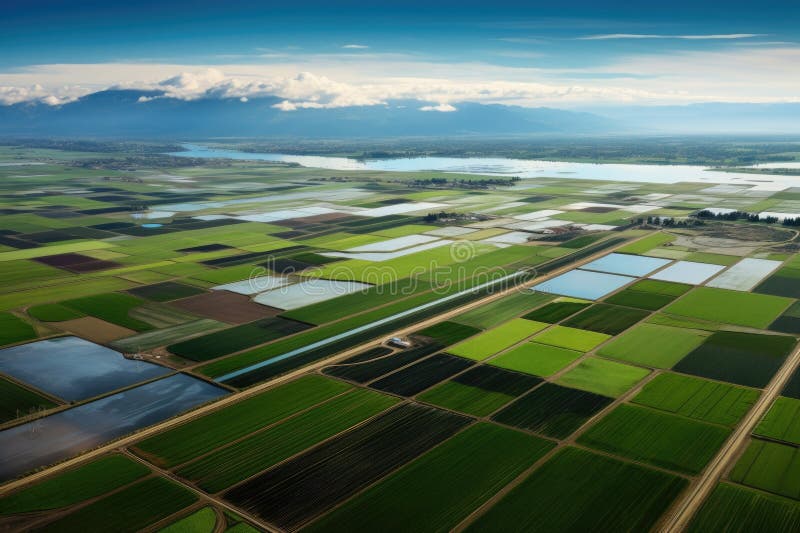 Aerial View of an Irrigation System Across Open Fields Stock Photo ...