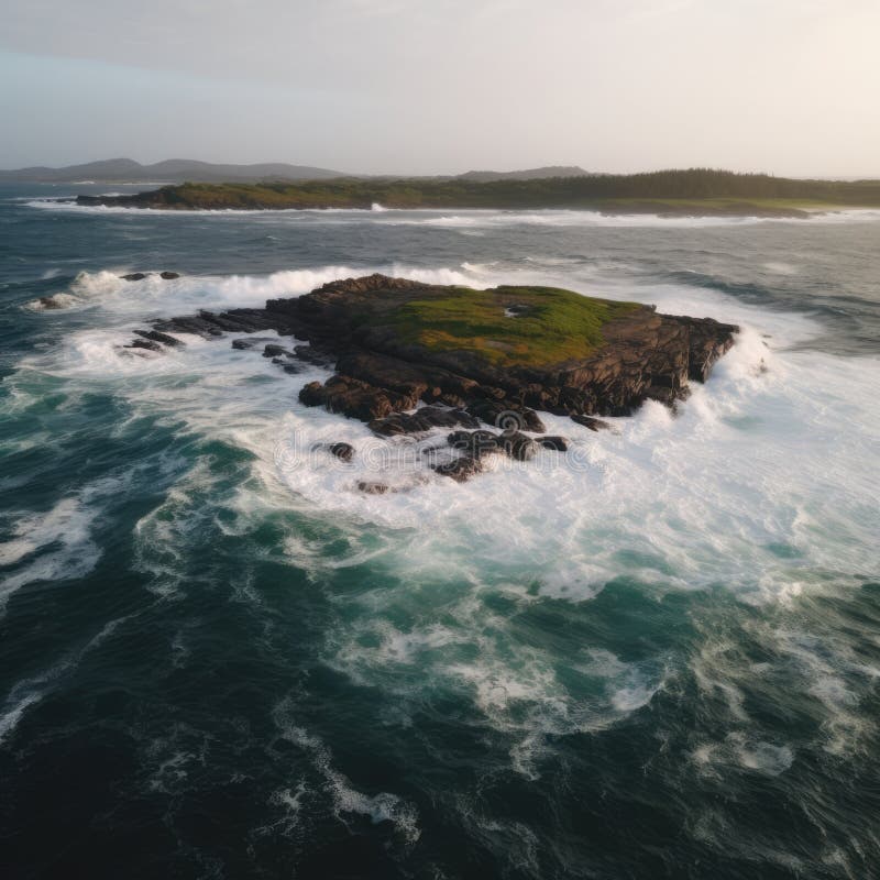Aerial View of Island in Sea, with Rocks and Grass, Created Using ...