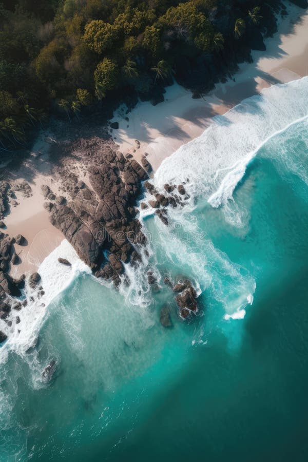 Aerial View of Island in Sea, with Sand, Rocks and Trees, Created Using ...