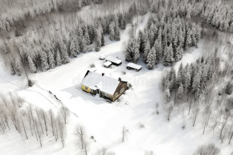 Aerial View of an Isolated Cabin in Snowy Landscape Stock Image - Image ...