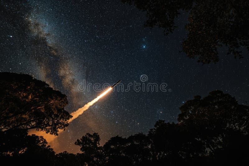 Aerial View of a Jet Flying through the Night Sky with Trees in the ...