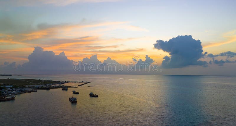 Aerial View with Jetty Port and Sunset Sky Scene Stock Image - Image of ...