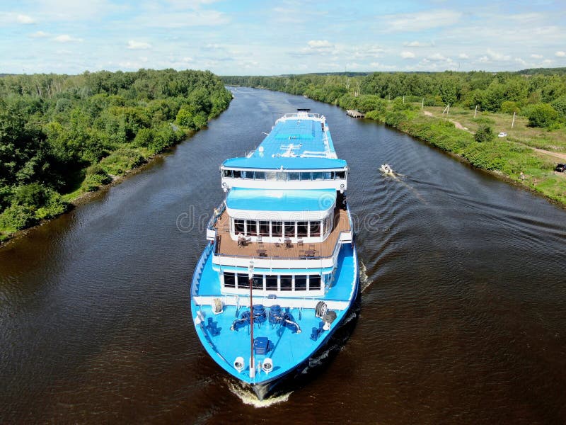Aerial View Journey by Passenger Ship Along the River. Panoramic ...