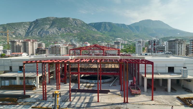 Aerial View 4K: Lifting Steel Structures for Rooftop Installation in ...