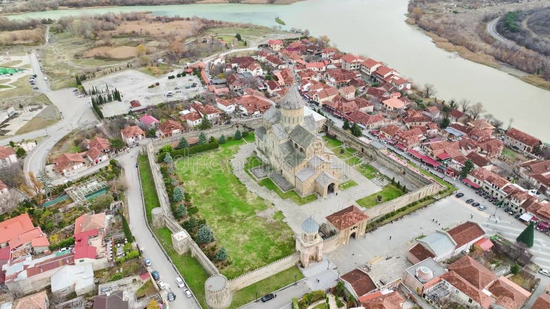 Aerial View 4K: River S Bend at Mtskheta - Where Ancient Cathedral ...