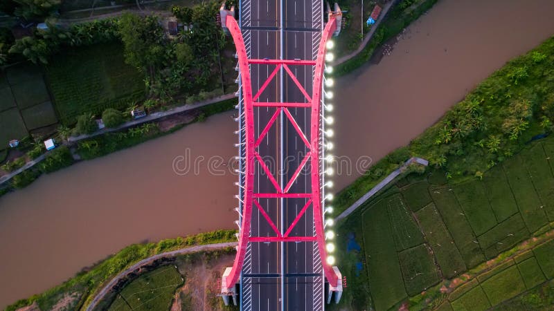 Aerial View of the Kalikuto Bridge, an Iconic Red Bridge at Trans Java ...