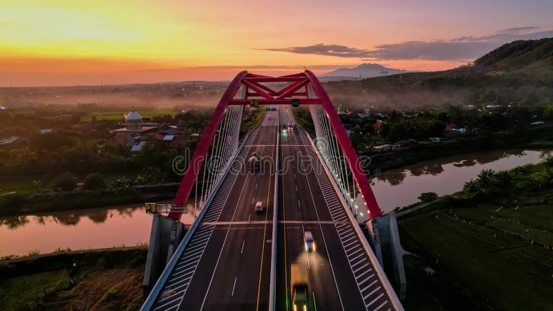 Aerial View of the Kalikuto Bridge, an Iconic Red Bridge at Trans Java ...