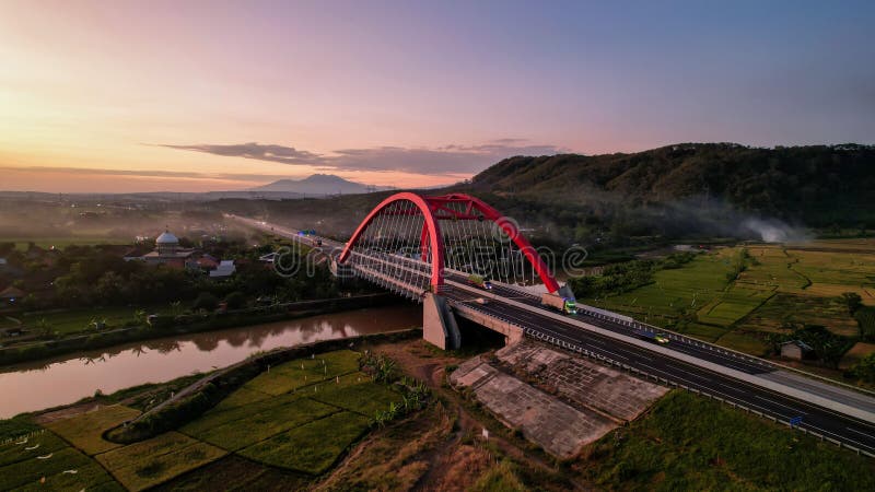 Aerial View of the Kalikuto Bridge, an Iconic Red Bridge at Trans Java ...