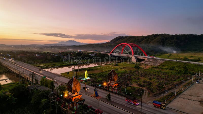 Aerial View of the Kalikuto Bridge, an Iconic Red Bridge at Trans Java ...