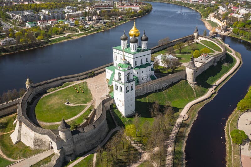 View Of The Pskov Krom Or Kremlin From The Velikaya River At Sunset ...