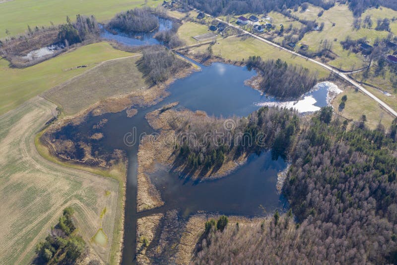 Aerial View of Lake between Forest and Fields Stock Photo - Image of ...