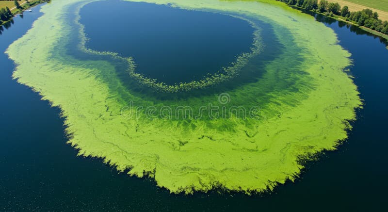Aerial View of a Lake with a Ring of Green Algae Stock Illustration ...