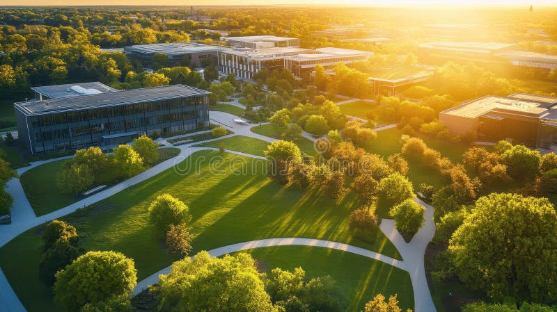 Aerial View of a Landscaped Campus with Trees and Pathways during ...