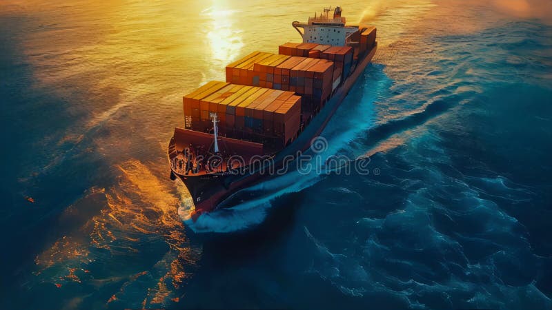 Aerial View of a Large Cargo Container Ship Navigating through the ...