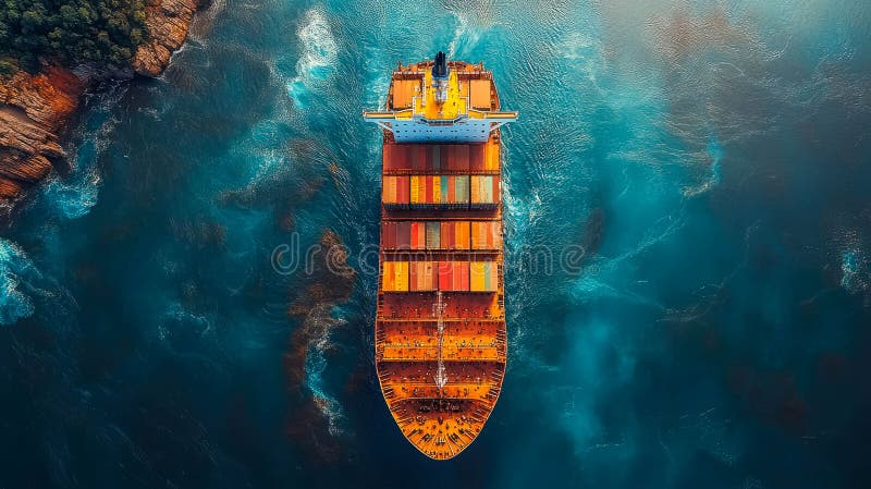 Aerial View of a Large Cargo Container Ship Navigating through the ...