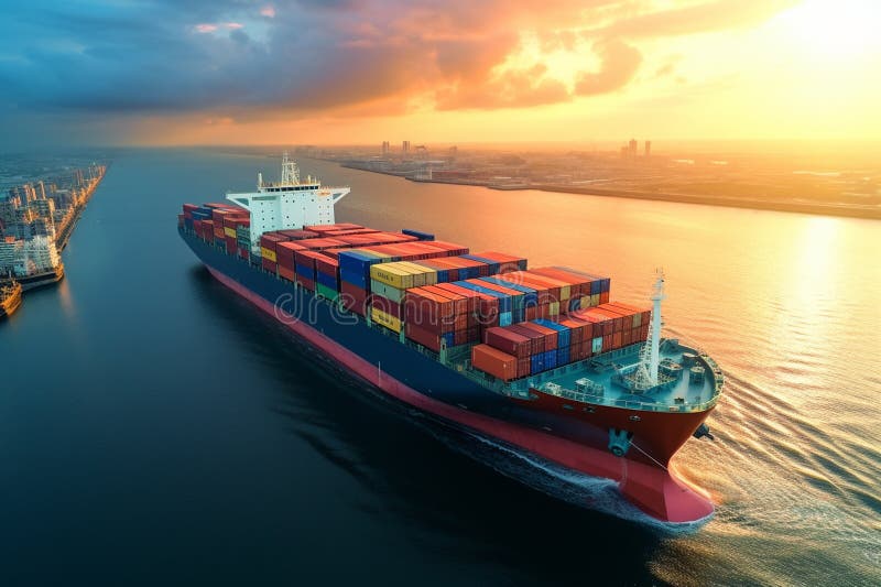 Aerial View of a Large Cargo Container Ship Sailing in a Harbor Stock ...