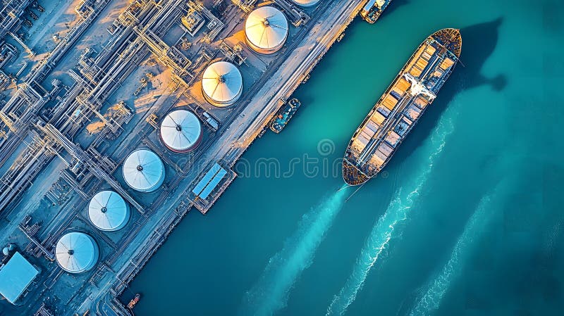 Aerial View of a Large Cargo Ship Docked at an Industrial Refinery ...