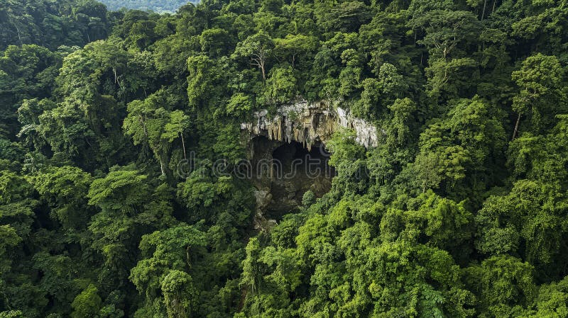 An Aerial View of a Large Cave Opening in a Lush Green Tropical Forest ...