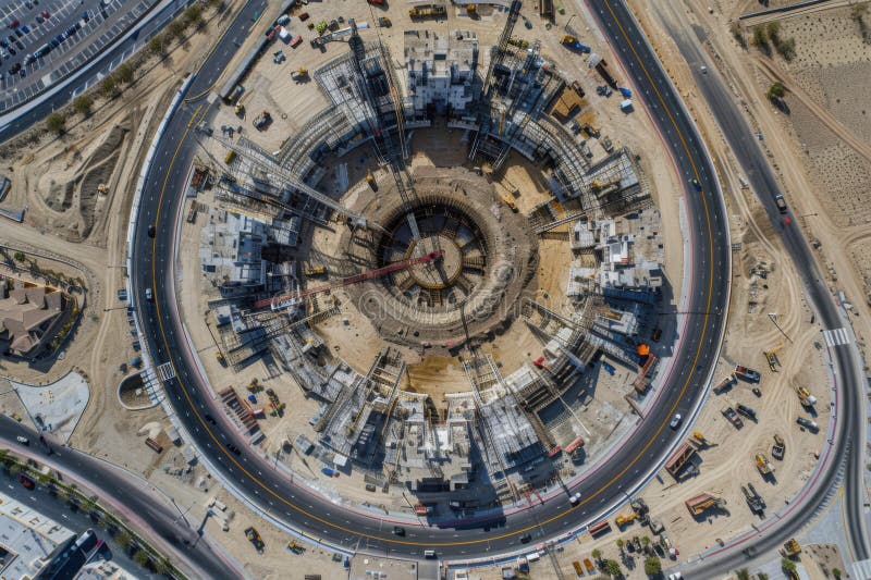 Aerial View of Large Circular Construction Site Surrounded by Roads ...