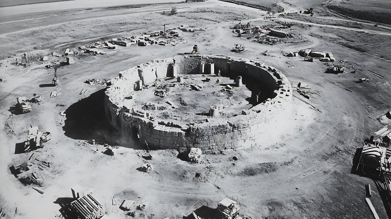 Aerial View of a Large Circular Stone Structure Under Construction ...