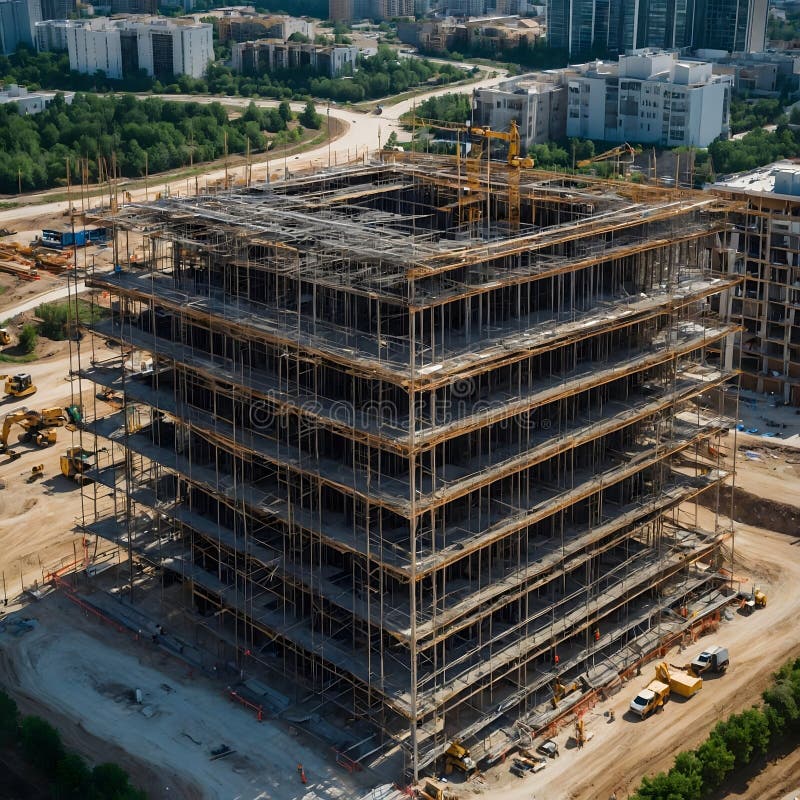 Overhead Shot of a Busy Construction Site Featuring Workers and Tower ...